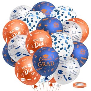 haooryx 50pcs blue and orange graduation balloons kit class of 2024 graduation party decoration 12 inches congrats grad confetti latex balloon decor supplies for school prom graduate celebration