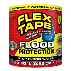 flex tape flood protection, 3.75 in x 20 ft, waterproof rubberized tape, removable, use on windows, doors, garage doors, casings, thresholds, conduits, vents, ducts