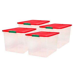 homz 8-pack plastic storage bins w/lids, stackable totes, 65 quart, red lid