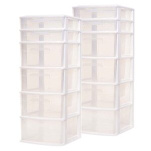 homz plastic 6 clear drawer medium home organization storage container tower with 4 large drawers and 2 small drawers, white frame (2 pack)