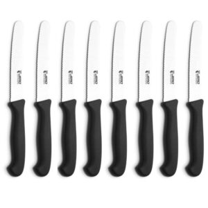 jero 8-piece steak knife set for home, grilling or restaurant use - serrated edge with round tip - works on vegetables, fruit and bread