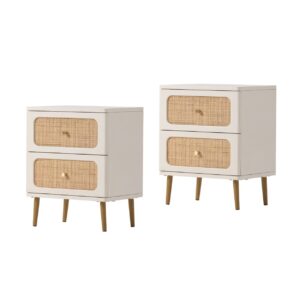 lonyke wicker rattan nightstand set of 2, 2-drawer end table white finish side table for small spaces, modern farmhouse wooden bedside table, boho mid-century coastal storage cabinet