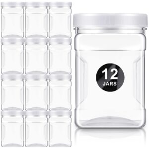 12 pack clear plastic storage jars with lids, 27 oz square plastic containers with airtight lids, paint storage containers with easy grip handles, reusable wide mouth plastic canisters with lids