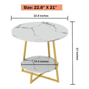 Lamhorm 2 Tier Small Round Side Table, Wooden End Table with Storage Shelf, Modern Coffee Table with Gold Metal Frames for Living Room, Bedroom and Any Small Spaces 22.8”