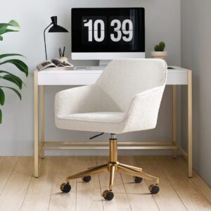 zesthouse modern desk chair with wheels, white swivel vanity chair for girls women, upholstered home office chair boucle armchair for bedroom, height adjustable computer task chair, gold base