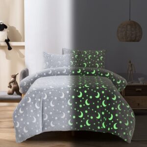 hombys glow in the dark duvet cover set for kids full/queen size, 3 pieces grey soft velvet bedding comforter cover with glowing stars for boys girls bedroom (1 duvet cover, 2 matching pillow cases)