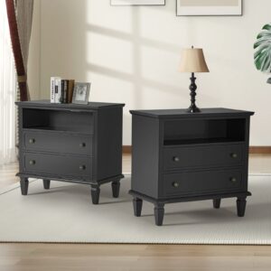 hulala home farmhouse nightstand with charging station, set of 2 end table with usb ports and outlets, fluted pilasters bedside table with open space dresser for bedroom,black