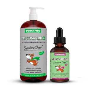 wonder paws liquid glucosamine drops plus milk thistle drops - for dog joint health, mobility support, liver, detox & overall wellness – liquid glucosamine 16 ounces - milk thistle 2 ounces