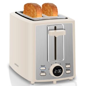 seedeem toaster 2 slice, bread toaster with lcd display, 7 shade settings, 1.４'' extra wide slots toaster with cancel, bagel, defrost, reheat functions, removable crumb tray, 900w, cream white