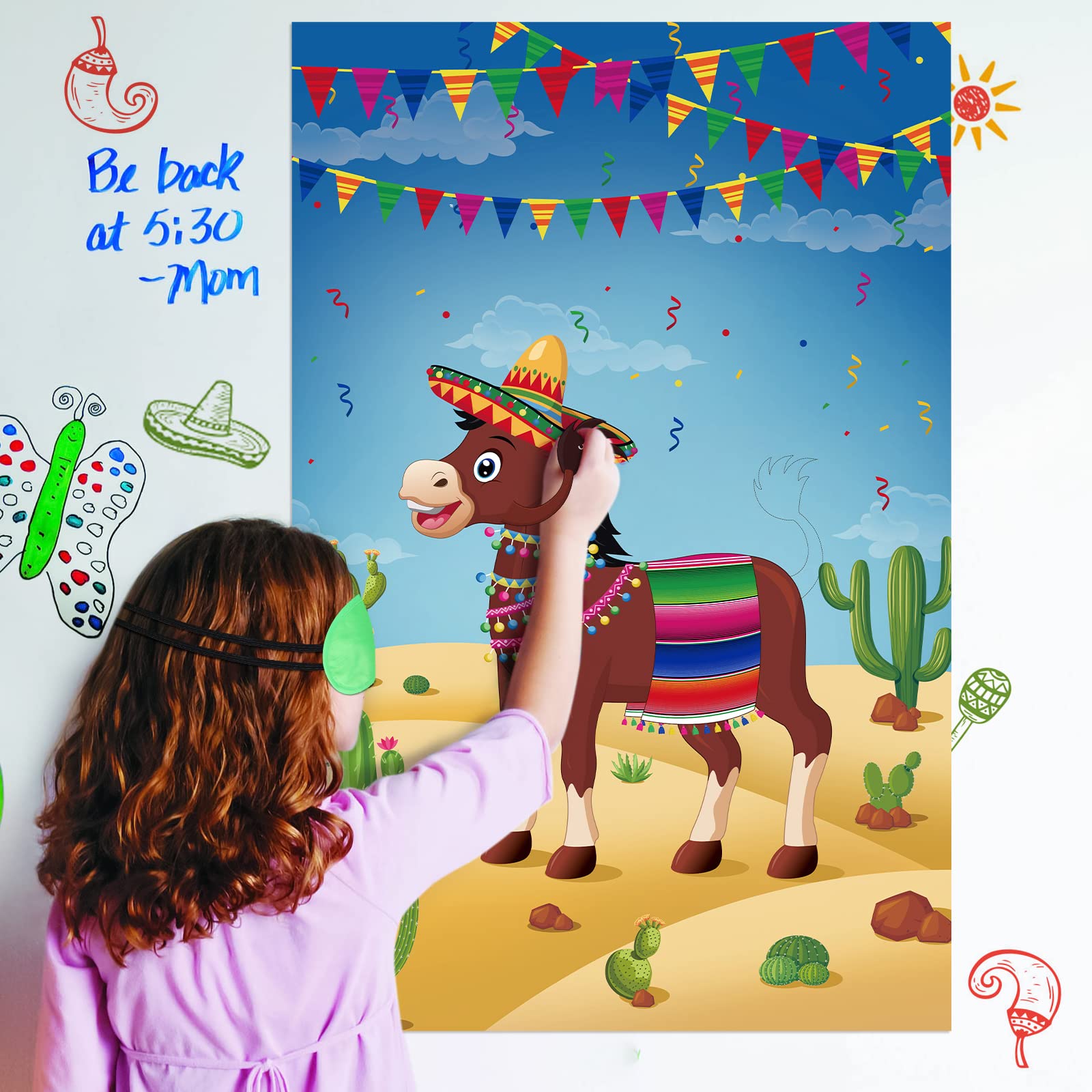 Hxezoc Pin The Tail On The Donkey Party Game With 50 Pcs Tails Large Mexican Donkey Games Poster for Kids Birthday Party Carnival Fiesta Party Supplies