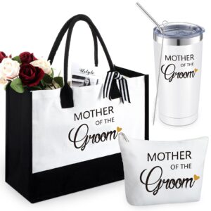 tudomro 3 pcs mother of the groom bride bridal shower wedding gift canvas tote bag makeup bag glass cup with lid straw(basic style)