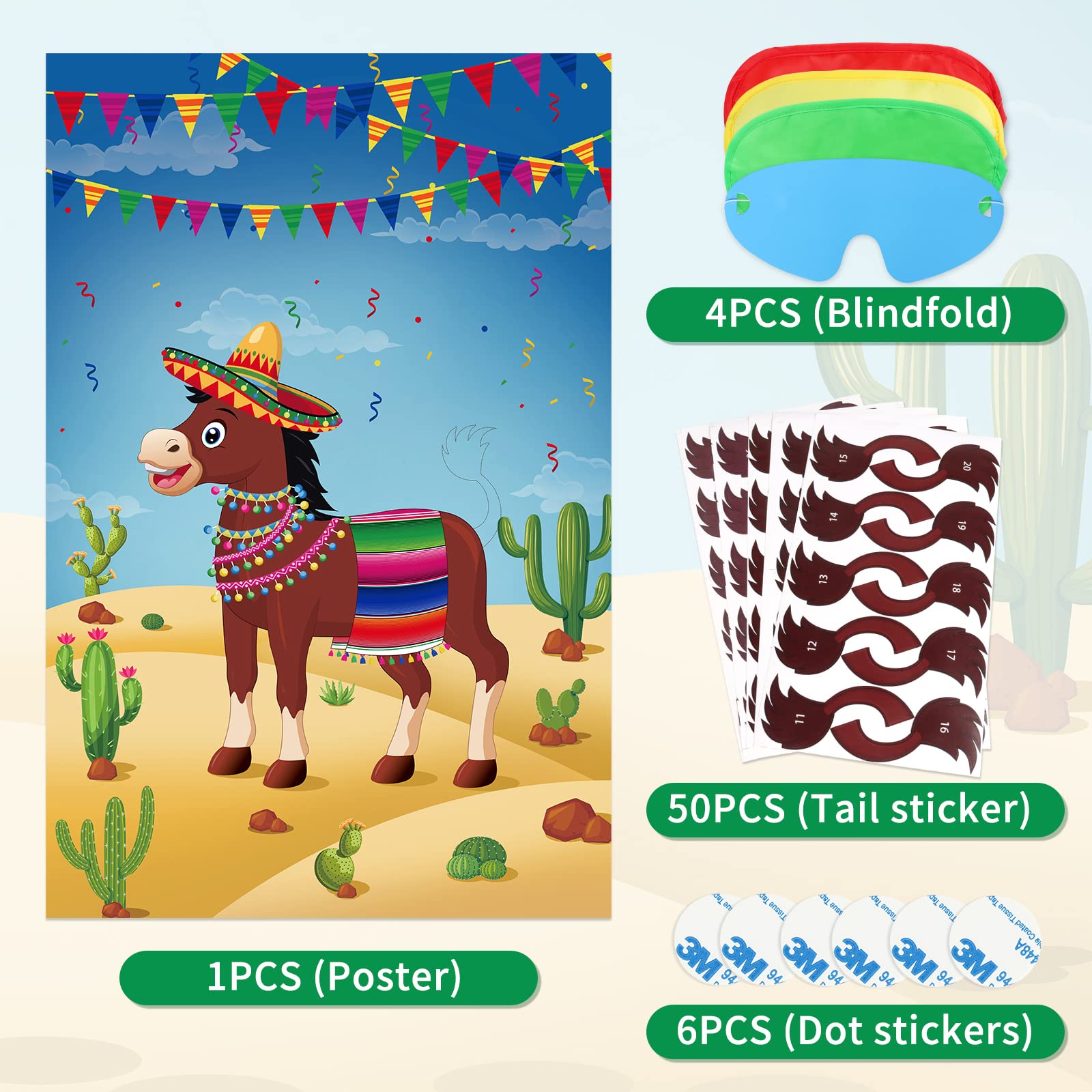 Hxezoc Pin The Tail On The Donkey Party Game With 50 Pcs Tails Large Mexican Donkey Games Poster for Kids Birthday Party Carnival Fiesta Party Supplies