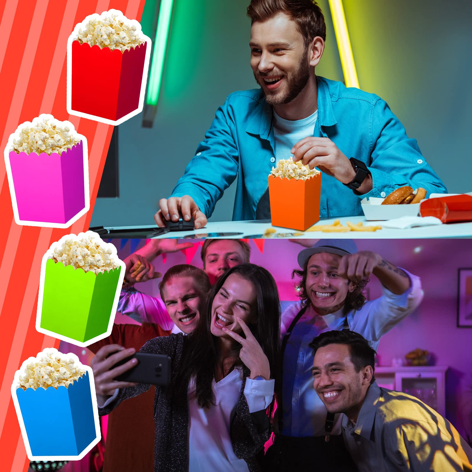 ramede 48 Pcs Mini Neon Popcorn Boxes Neon Glow Party Popcorn Box Neon Popcorn Holder Reusable Mini Paper Popcorn Box Cardboard Popcorn Container for Movie Snacks Theater Birthday Neon Party Supplies