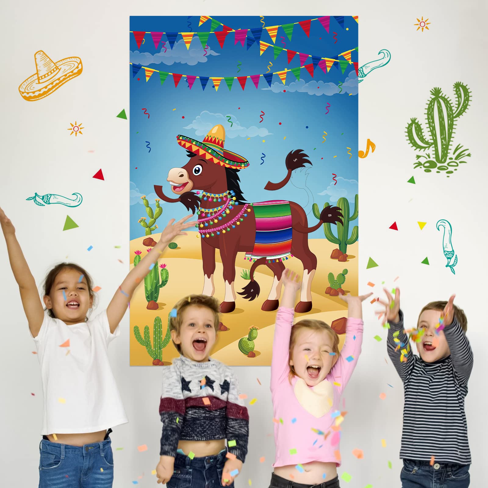 Hxezoc Pin The Tail On The Donkey Party Game With 50 Pcs Tails Large Mexican Donkey Games Poster for Kids Birthday Party Carnival Fiesta Party Supplies