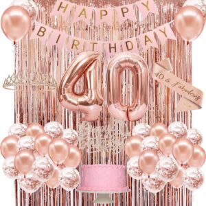 40th birthday decorations women, happy 40th birthday banner, crown, sash, cake topper and number balloon, rose gold 40 birthday party decorations for women