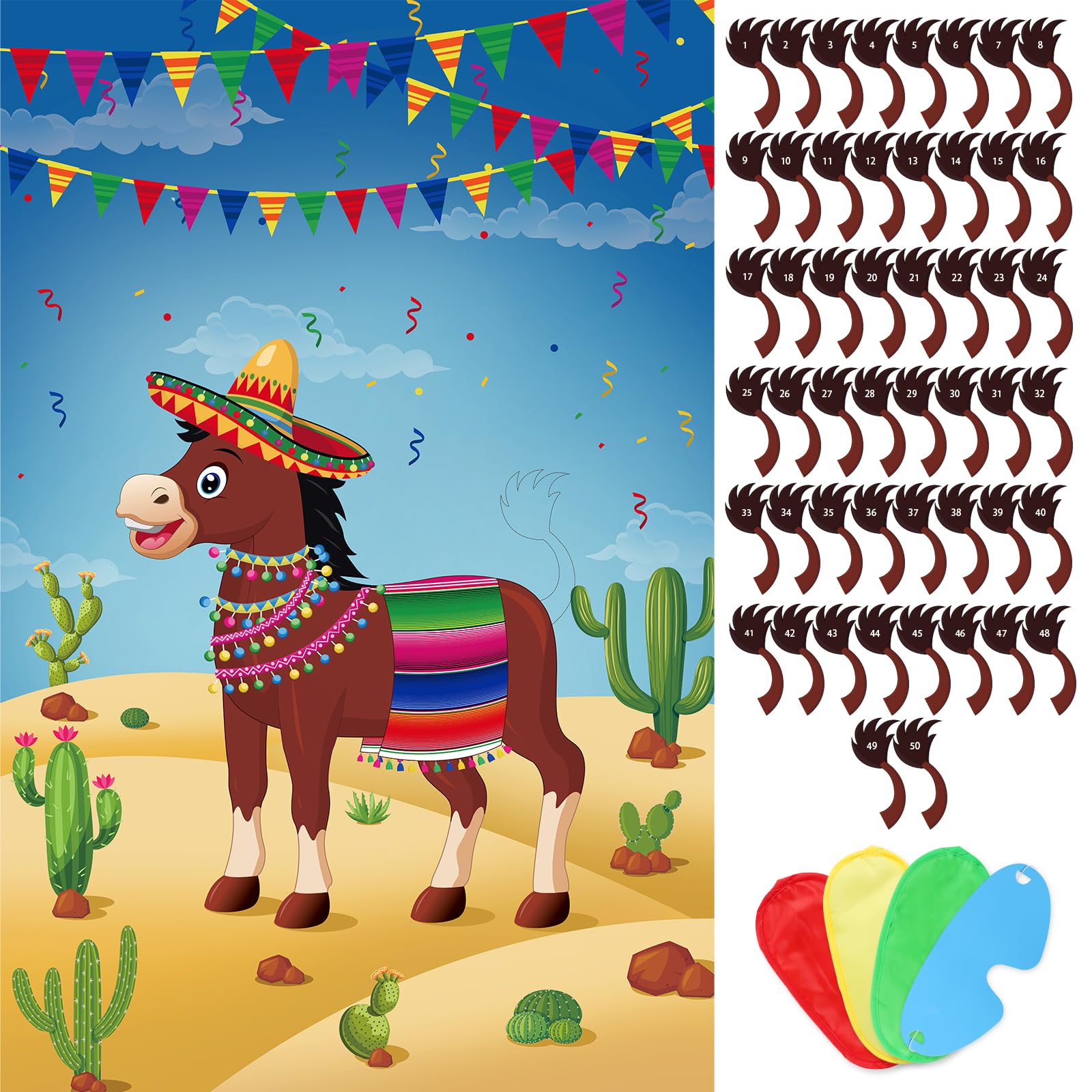 Hxezoc Pin The Tail On The Donkey Party Game With 50 Pcs Tails Large Mexican Donkey Games Poster for Kids Birthday Party Carnival Fiesta Party Supplies