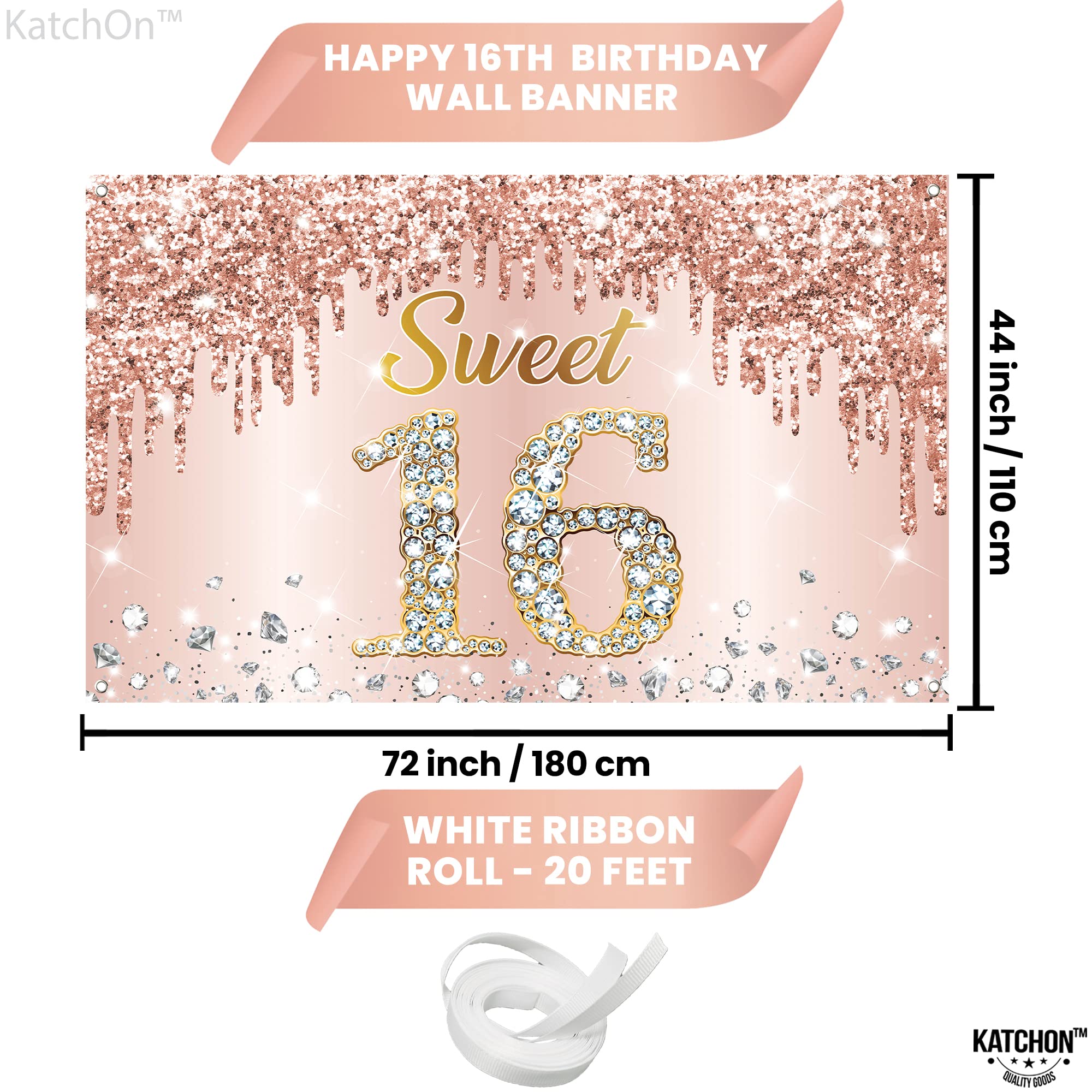 KatchOn, Sweet 16 Banner Rose Gold - Large, 72x44 Inch | Sweet 16 Party Decorations | Sweet 16 Backdrop, Sweet 16 Decorations for Girls | Sweet 16 Birthday Banner for Sweet Sixteen Party Decorations