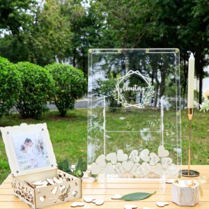 AerWo Wedding Guest Book Alternative, Guest Book Wedding Reception, Acrylic Guest Book Drop Box with Stand, Plywood Box, 100 Wooden Hearts and Marker Pen, Wedding Signs for Ceremony and Reception