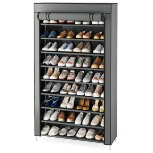 tribesigns 10 tier shoes rack with cover, shoes racks organizer for closet, black vertical shoe shelf for entryway,50 pair large shoe stand, non-woven shoe storage cabinet (grey)