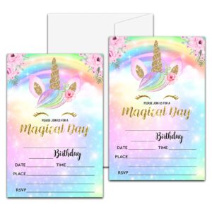 unicorn birthday party invitation, magical unicorn themed fill-in invites for friends, 20 invitations with envelopes (4" x 6"), rainbow party favors decorations and supplies -29