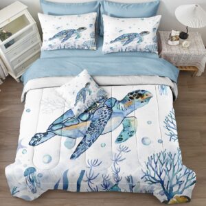 sea turtle comforter ocean themed bedding sets 6 pieces twin bed in a bag teal blue turtle sea horse animal cartoon pattern beach coastal bedding comforter (sea turtle, twin)