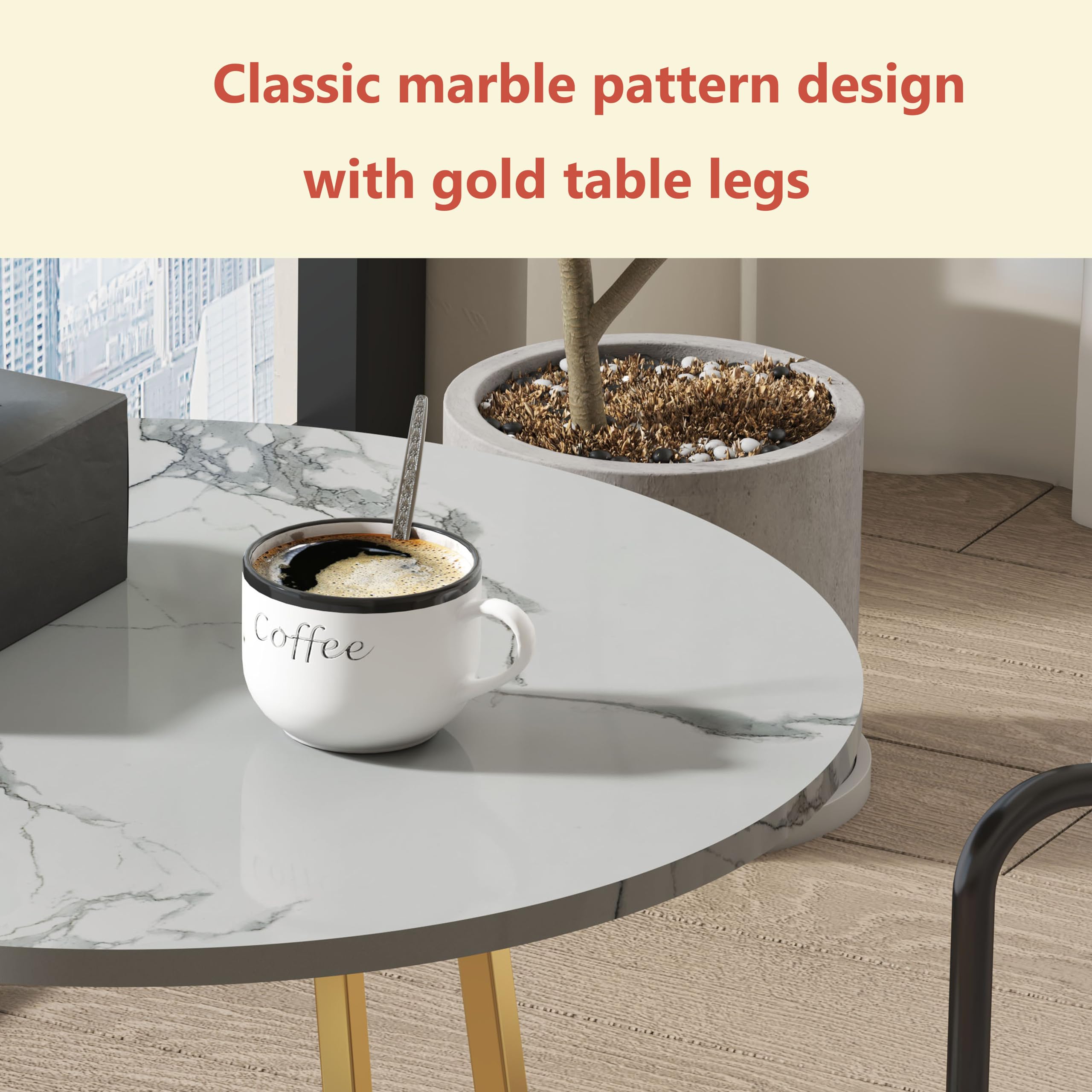 Lamhorm 2 Tier Small Round Side Table, Wooden End Table with Storage Shelf, Modern Coffee Table with Gold Metal Frames for Living Room, Bedroom and Any Small Spaces 22.8”