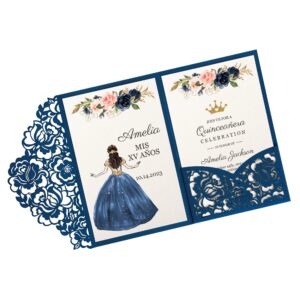 doris home 50pcs laser cut quinceanera invitations blue, 4.7x7.1 personalized quince invitations for 15th birthday, invitation cards for sweet 16 with envelopes