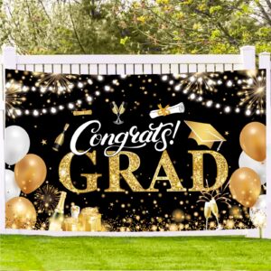 aaskuu graduation banner 2024 black and gold - 72.8x43.3 inch, congrats grad banner for graduation party decorations, large congratulations banner class of 2024 graduation backdrop