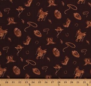 cotton cowboy hats boots lassos western ride the range brown cotton fabric print by the yard (c12741-chocolate)