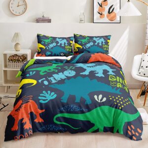 axolotl kawaii dinosaur bedding set full size for boys,cute colorful cartoon duvet cover,1 soft comforter cover and 2 pillowcases with zipper closure for kids girls teens, no comforter,navy blue