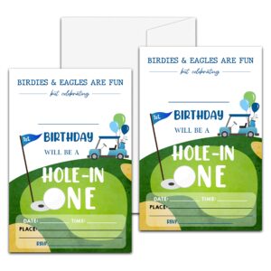 1st golf birthday party invitation, hole in one themed fill-in invites, 20 invitations with envelopes for men & women (4" x 6"), adults golf party favors decorations and supplies -52