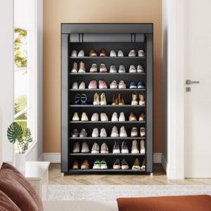 Tribesigns 10 Tier Shoes Rack with Cover, Shoes Racks Organizer for Closet, Black Vertical Shoe Shelf for Entryway,50 Pair Large Shoe Stand, Non-Woven Shoe Storage Cabinet (Grey)