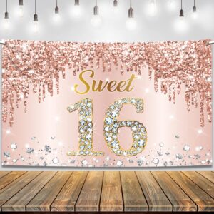 katchon, sweet 16 banner rose gold - large, 72x44 inch | sweet 16 party decorations | sweet 16 backdrop, sweet 16 decorations for girls | sweet 16 birthday banner for sweet sixteen party decorations