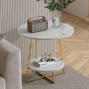 Lamhorm 2 Tier Small Round Side Table, Wooden End Table with Storage Shelf, Modern Coffee Table with Gold Metal Frames for Living Room, Bedroom and Any Small Spaces 22.8”