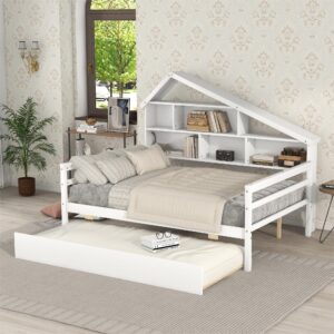 harper & bright designs full size daybed with trundle and storage bookcase, solid wood platform bed frame, house bed for kids girls boys, no box spring needed (full, white)