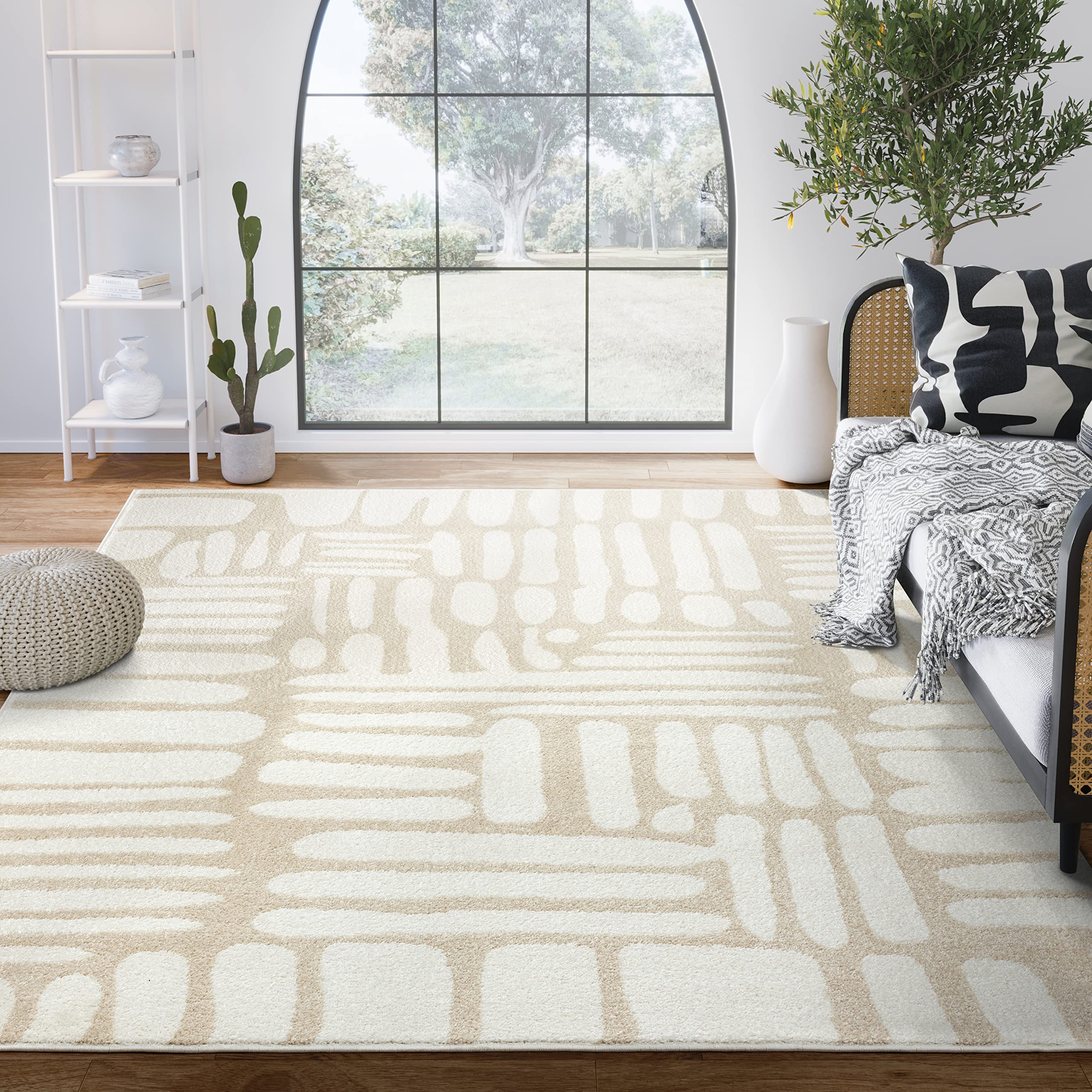 Abani Nuevo Collection Area Rug - Neutral Beige/Cream Abstract Design - 7'9" x 10'2" - Easy to Clean - Durable for Kids & Pets - Non-Shedding - Medium Pile - Soft Feel - Living Room, Bedroom & Office