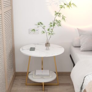 lamhorm 2 tier small round side table, wooden end table with storage shelf, modern coffee table with gold metal frames for living room, bedroom and any small spaces 22.8”