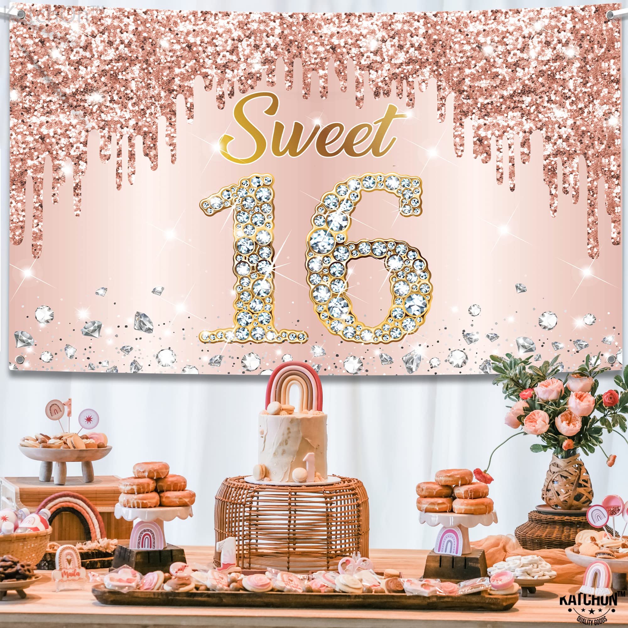 KatchOn, Sweet 16 Banner Rose Gold - Large, 72x44 Inch | Sweet 16 Party Decorations | Sweet 16 Backdrop, Sweet 16 Decorations for Girls | Sweet 16 Birthday Banner for Sweet Sixteen Party Decorations