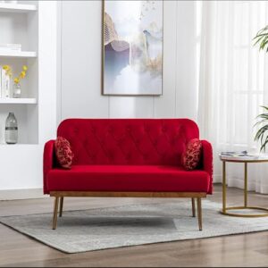 55" small velvet couch with elegant moon shape pillows, twin size loveseat accent sofa with golden metal legs, living room sofa with tufted backrest, 600 pounds weight capacity (red)