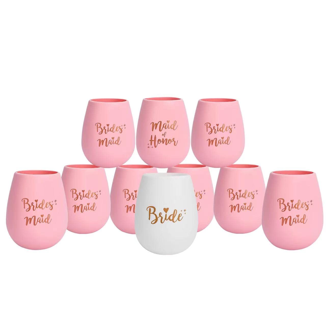 Set of 10 Bachelorette Party Silicone Wine Cups White Bride & Pink Bridesmaid Cups, Bridesmaid Wedding Gift Party Favors