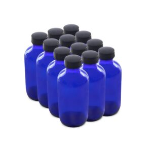 the bottle depot - 12 pack - 8 oz glass bottles with lids - blue - 28-400 neck finish - boston round bottles - uv rays protection