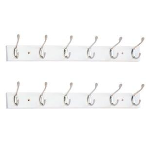 roorevo wall mounted coat rack 24 inches with 6 hooks - 2 pack, wall coat hooks wall hat hanger, satin nickel & white