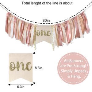 Pink Gold One Highchair Banner - Pink Birthday Party Decoration, Gold One High Chair Banner For 1st Birthday Girl, Cake Smash Photo Prop, Baby Shower Garland (Flower One Banner Pink)