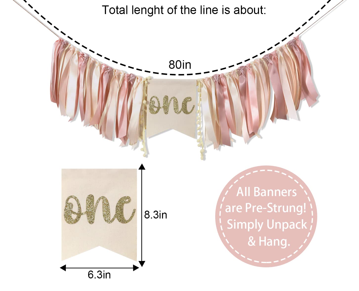 Pink Gold One Highchair Banner - Pink Birthday Party Decoration, Gold One High Chair Banner For 1st Birthday Girl, Cake Smash Photo Prop, Baby Shower Garland (Flower One Banner Pink)