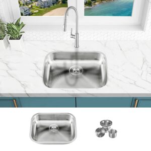 kbfmore 23 inch single bowl ada compliant stainless steel kitchen sink, rust resistant sound and heatproof shallow drain 18 gauge undermount sink with sink strainer and removable garbage basket