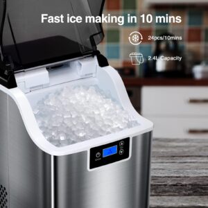 R.W.FLAME Nugget Ice Maker Countertop, Pebble/Pellet Ice Maker，Ice Ready in 10-15 Mins, 44Lbs/24H, Auto Self-Cleaning, with LCD Screen for Home Office Party Bar,Silver