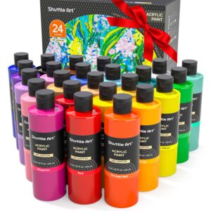 acrylic paint, shuttle art 24 colors acrylic paint bottle set, 250ml/8.45oz each, rich pigments, high viscosity, bulk paint for artists, beginners and kids painting on rocks crafts canvas wood ceramic