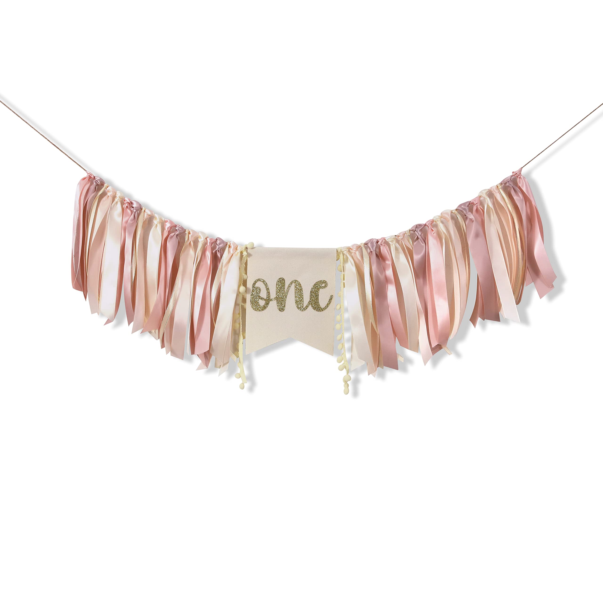 Pink Gold One Highchair Banner - Pink Birthday Party Decoration, Gold One High Chair Banner For 1st Birthday Girl, Cake Smash Photo Prop, Baby Shower Garland (Flower One Banner Pink)