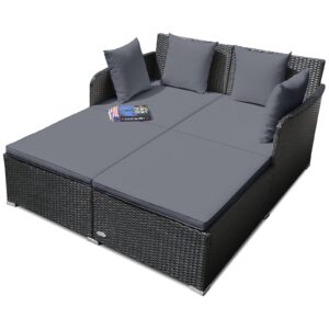 relax4life rattan patio outdoor daybed, wicker 2-person sunbed loveseat with soft cushions, 4 pillows, curved backrest & armrest, double bed lounger sofa set for balcony porch, patio bed (grey)