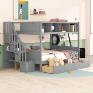 harper & bright designs bunk bed twin over full with storage staircase and 2 drawers, wooden bunk bed frame with 4 storage shelves for kids boys girls teens, no box spring need (gray)